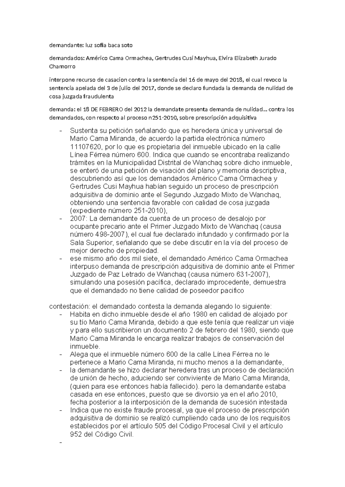Recurso de Casación: Luz Sofía Baca Soto vs. Américo Cama Ormachea y ...