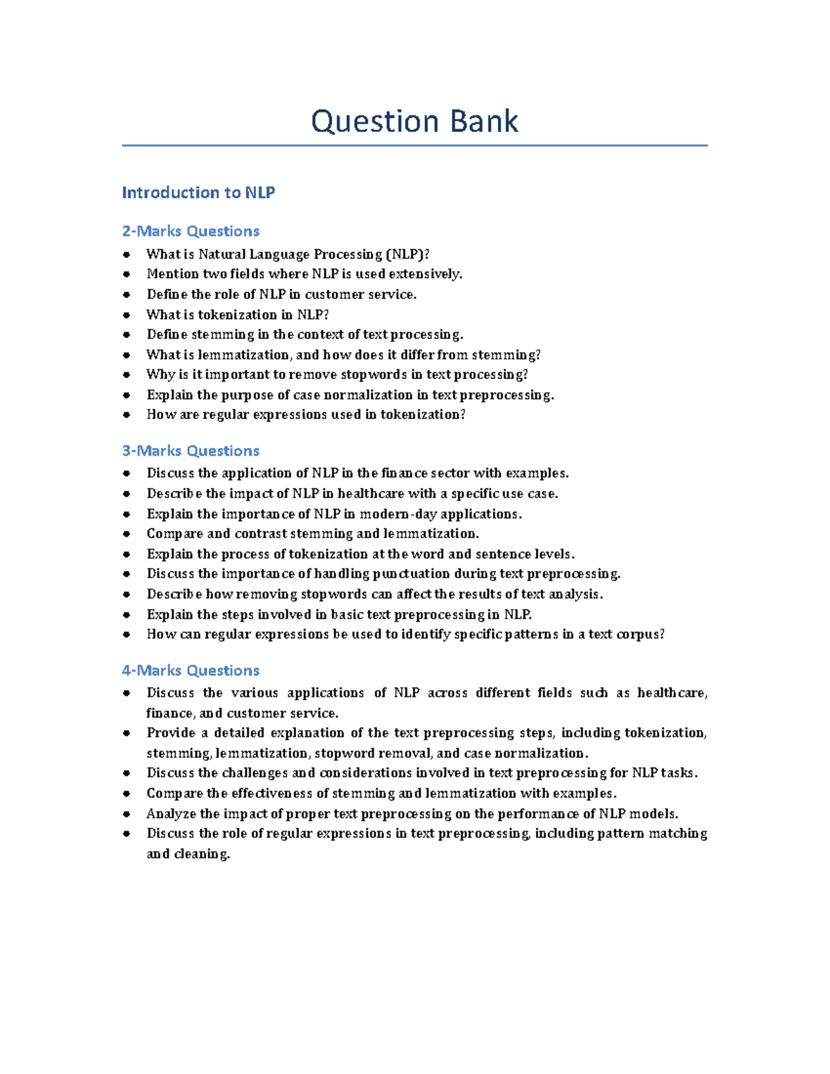 NLP Qn Bank for CS101 - Comprehensive Quiz Questions & Answers - Studocu