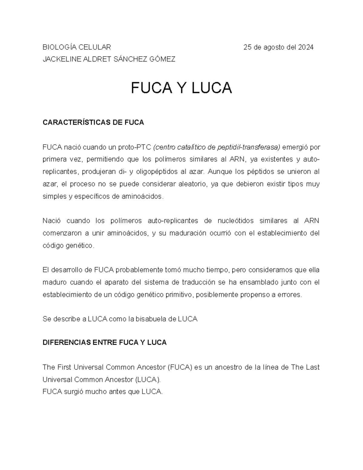 Diferencias entre FUCA y LUCA - Análisis Cell Biología - Studocu