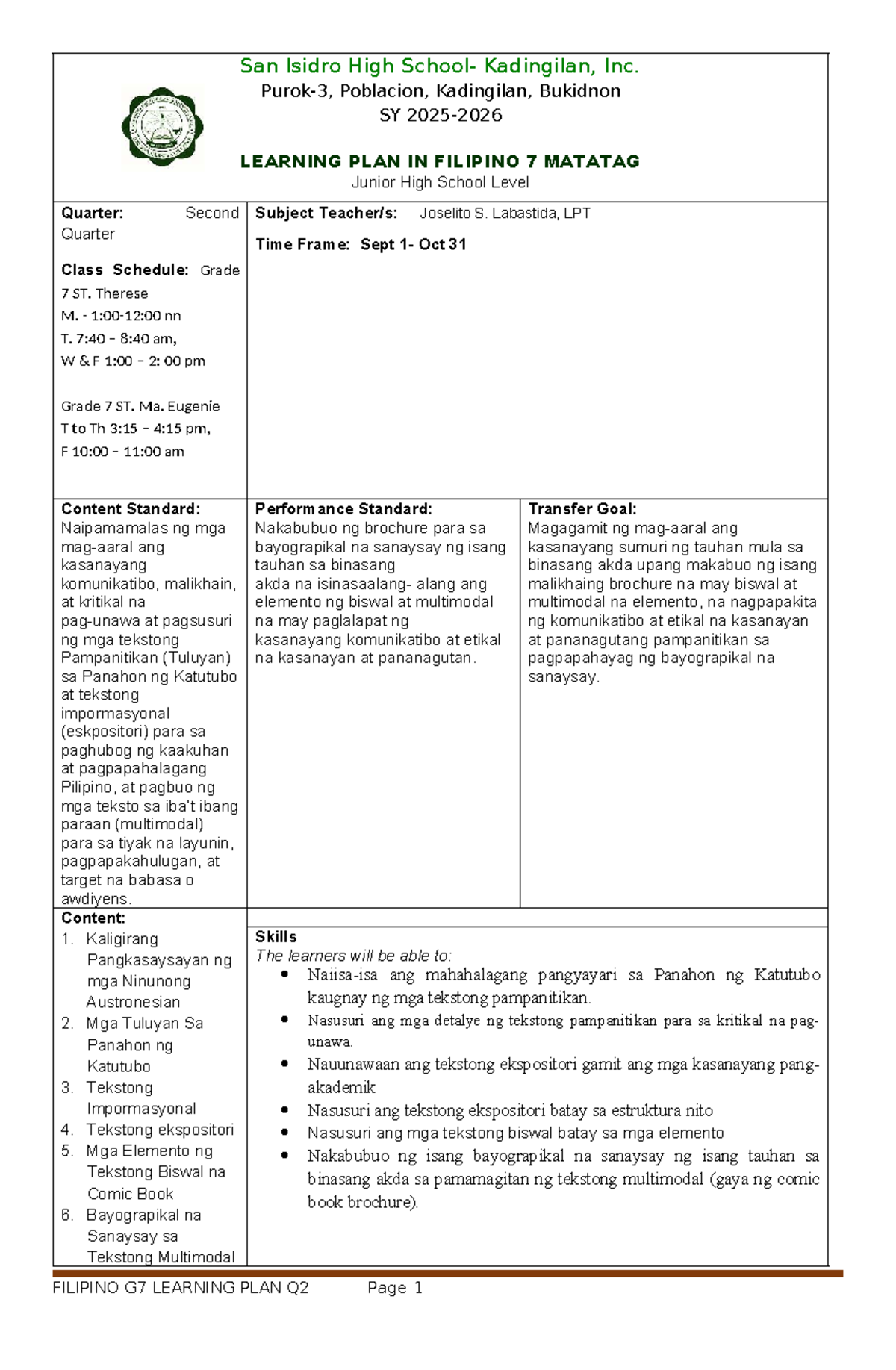 FILIPINO G7 LEARNING PLAN Q2: Pagsusuri at Paglikha ng Multimodal na ...