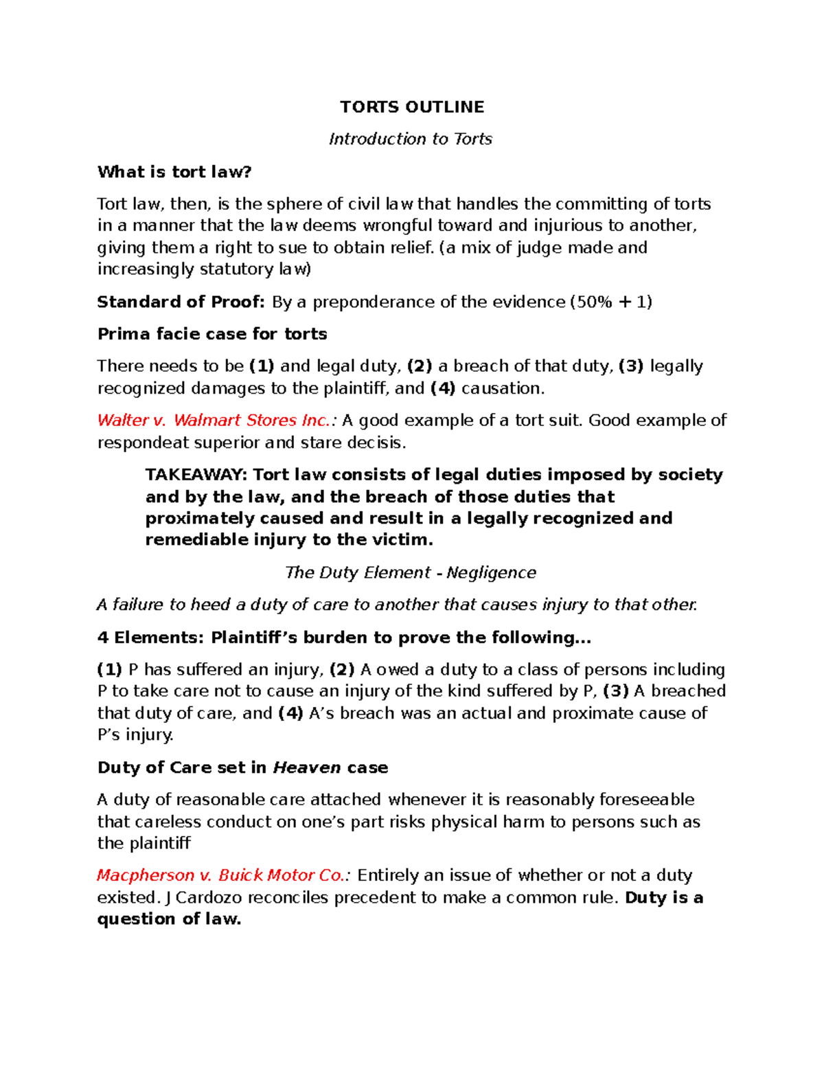 TORTS OUTLINE: Key Principles & Case Law Analysis for Law 101 - Studocu