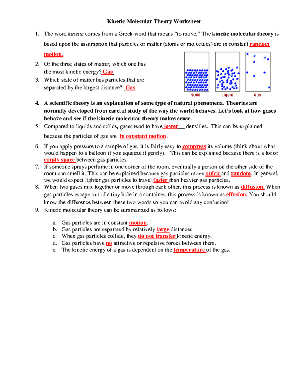 Kinetic Molecular Theory Worksheet Key: Understanding Gas Behavior ...