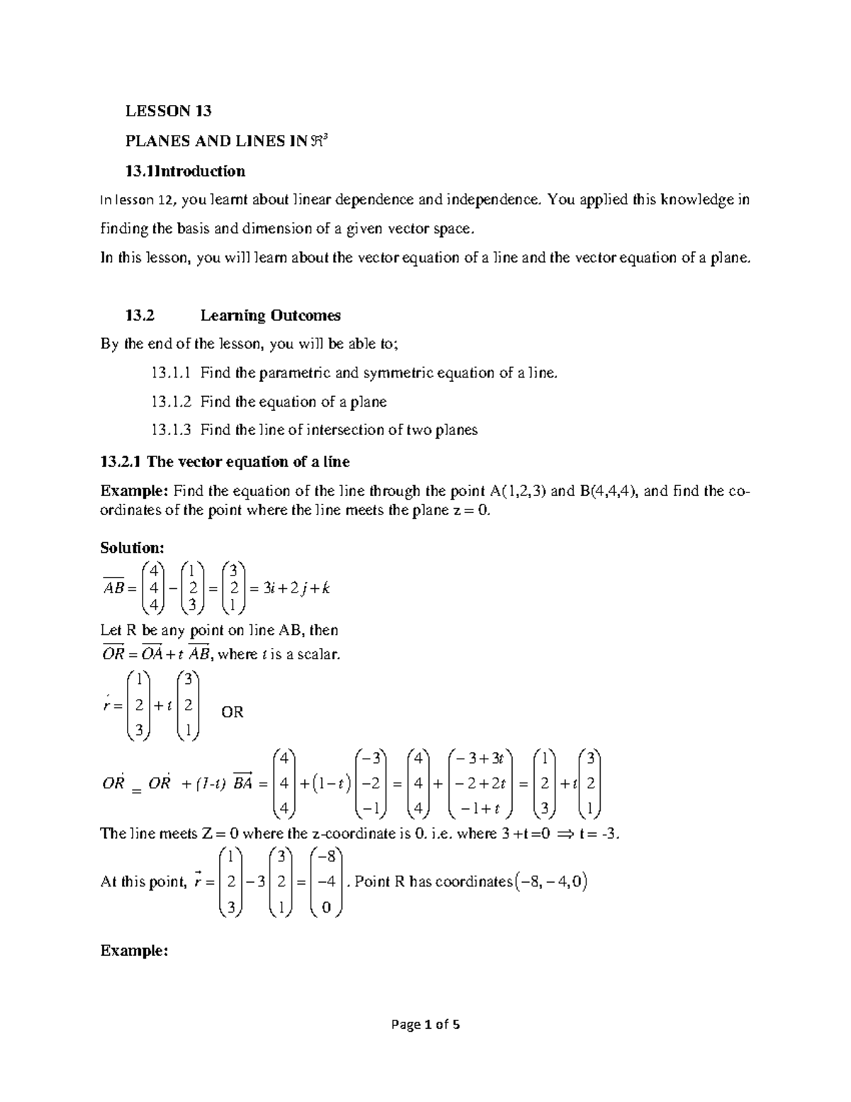 LESSON 13: EQUATIONS OF LINES AND PLANES IN 3D - Studocu
