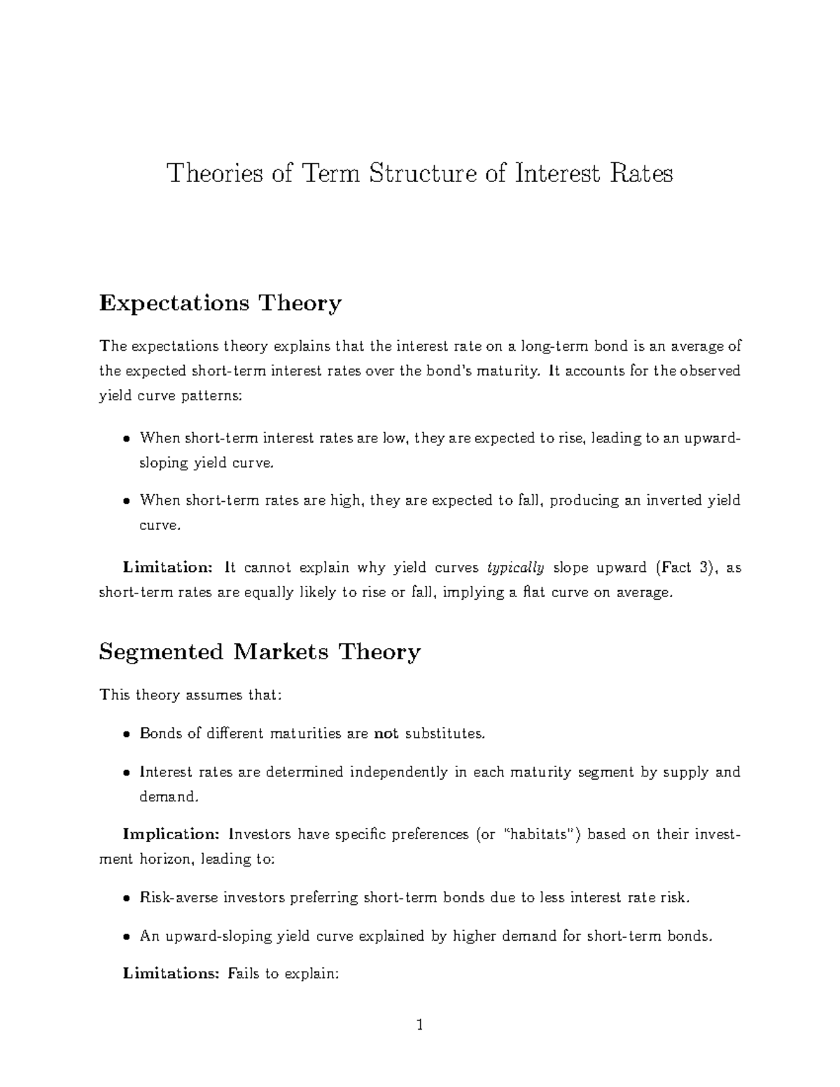Chapter 6 Summary Lecture Notes: Theories of Term Structure of Interest ...