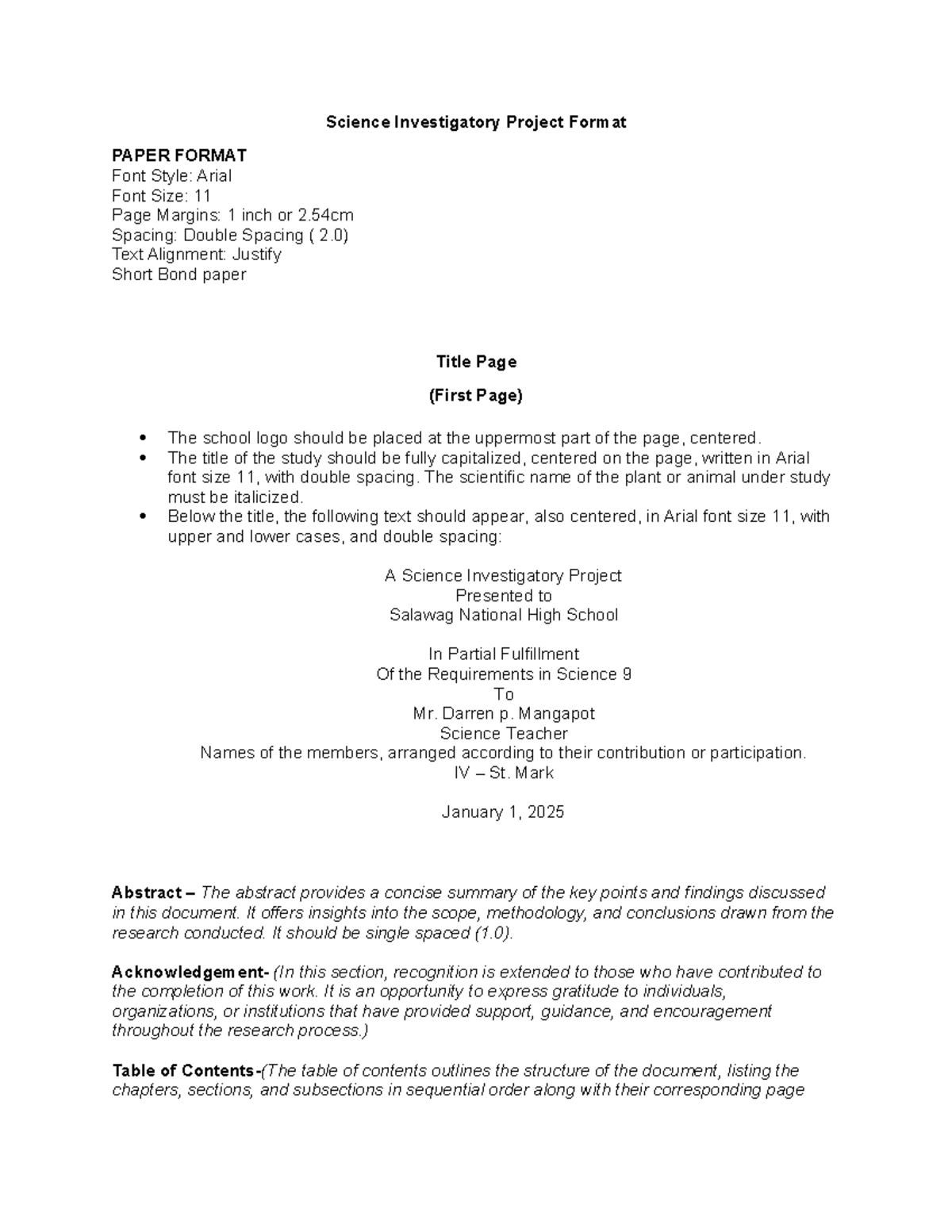 Science Investigatory Project Format (SIP) Guidelines for Science 9 ...