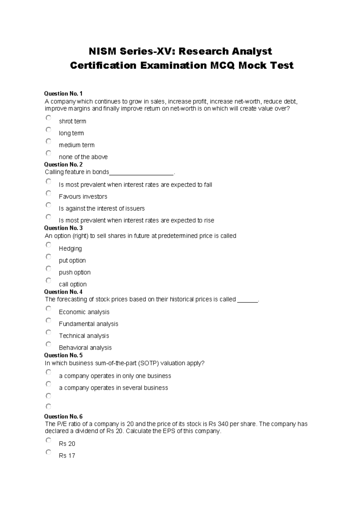 NISM Research Analyst Certification Exam MCQ Mock Test Questions - Studocu