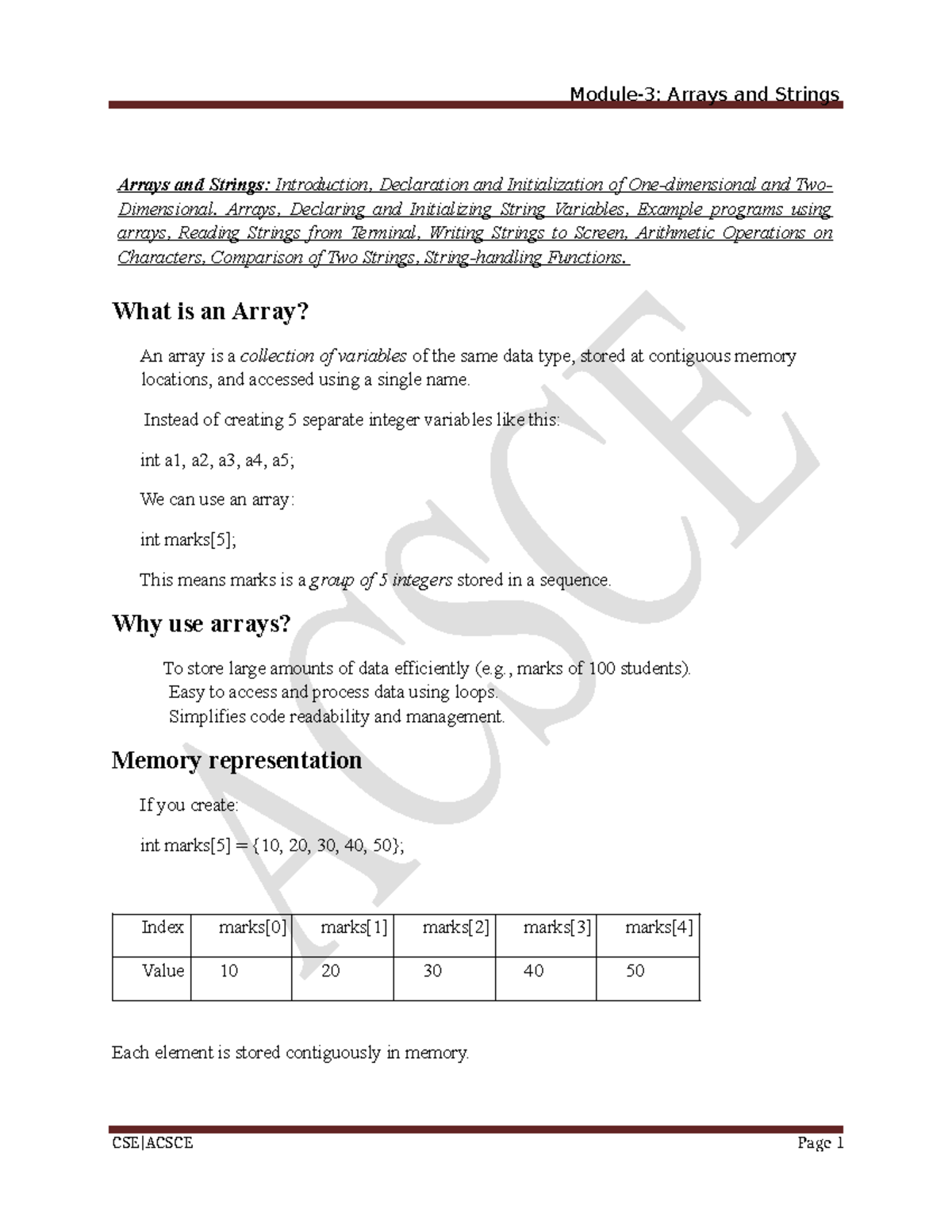 Arrays and Strings: Introduction, Declaration, and Operations (Mod 3 ...