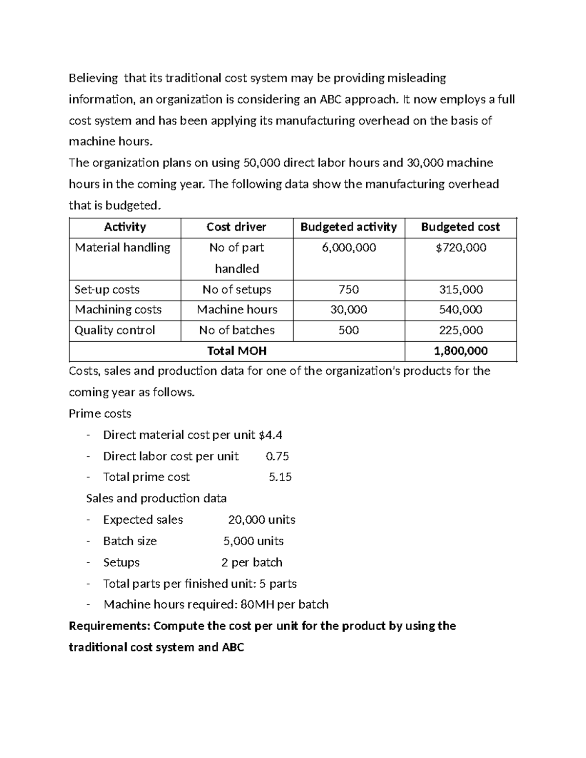 ABC Assignment - 1: Costing Analysis Using Traditional vs. ABC Methods ...