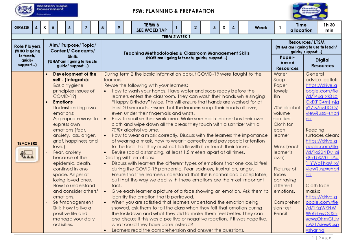 Lesson Plan Gr. 4 Life Skills PSW T3 W1: Emotions & Hygiene - Studocu