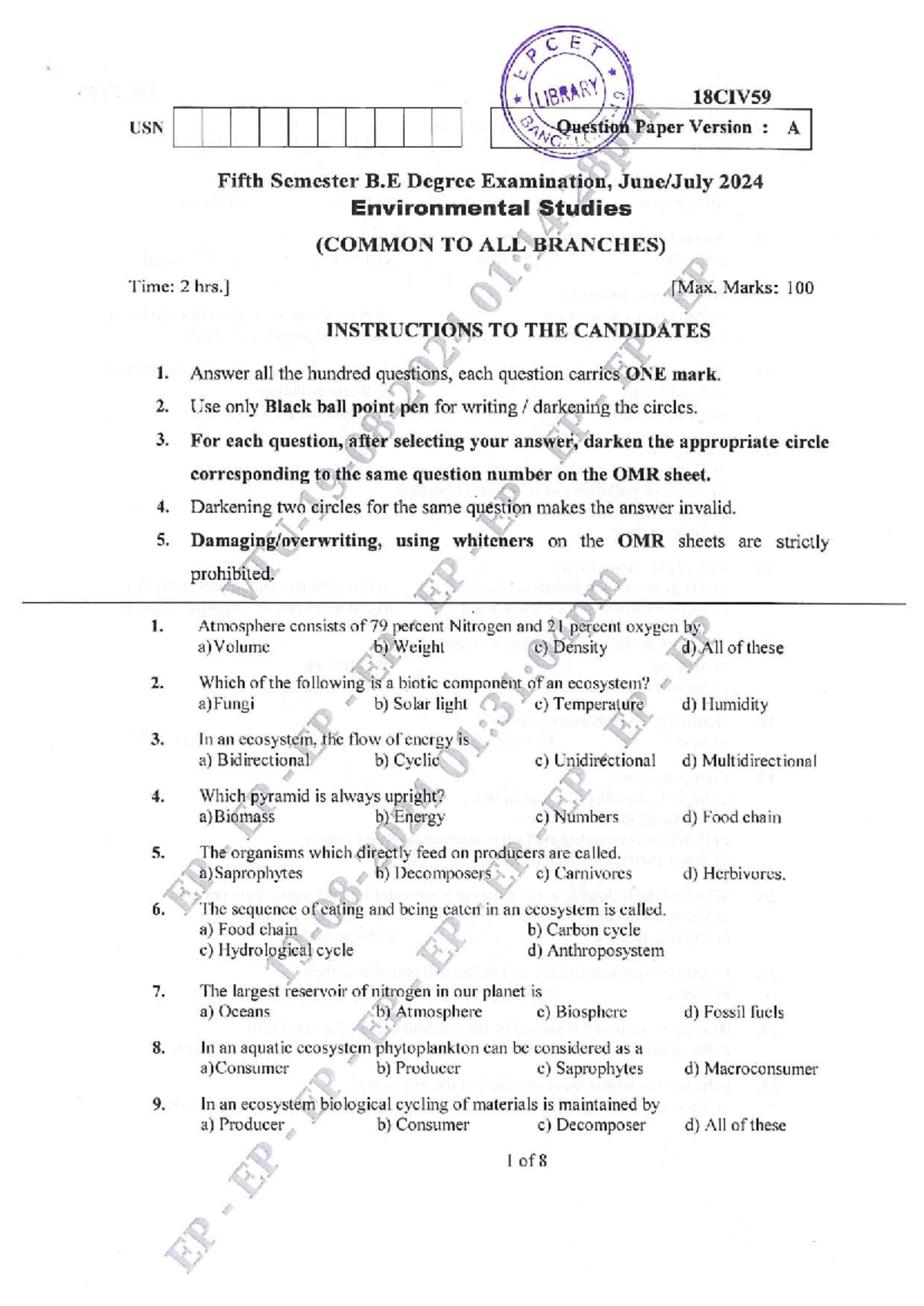 C E 8 ENVIRONMENTAL STUDIES 18CIV59 Question Paper - 5th Sem 2024 - Studocu