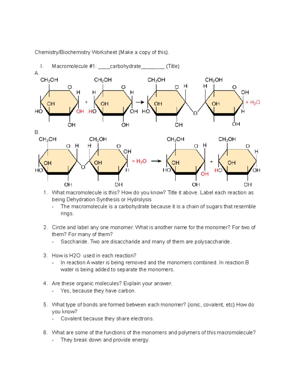 Chemistry Biochemistry Macromolecule Worksheet Activities - Studocu