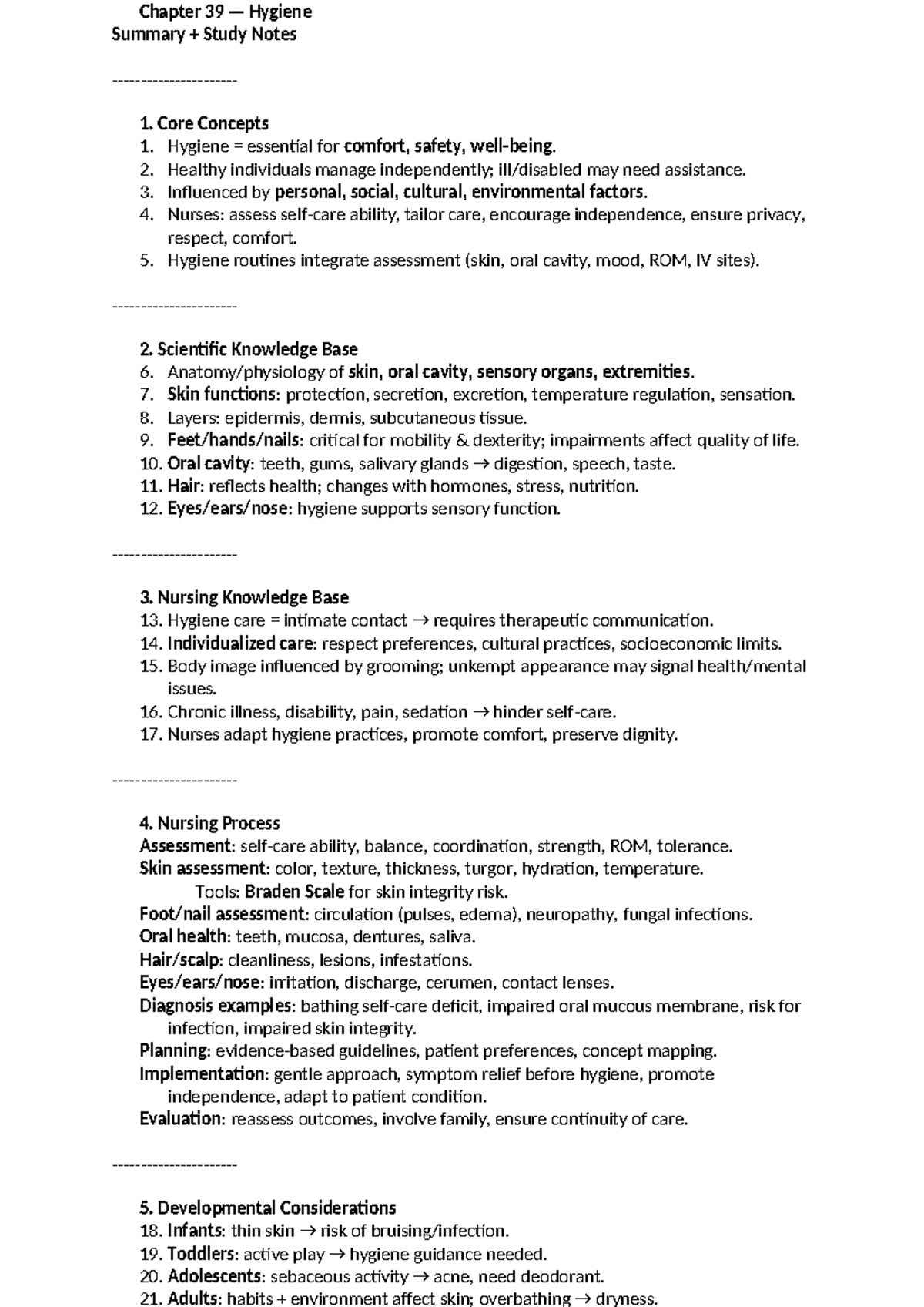 Ch 39 Hygiene Summary Study Notes: Core Concepts & Nursing Process ...
