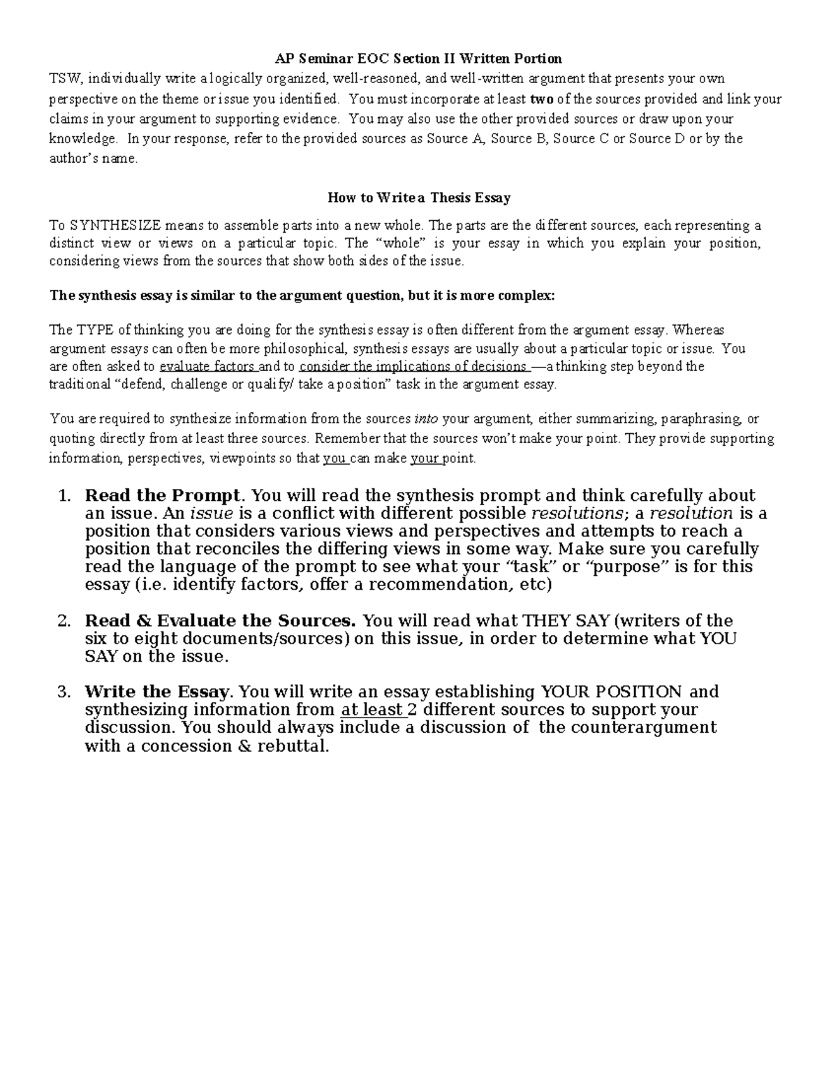 AP Seminar EOC Section II: Synthesis Essay Writing Guide - Studocu