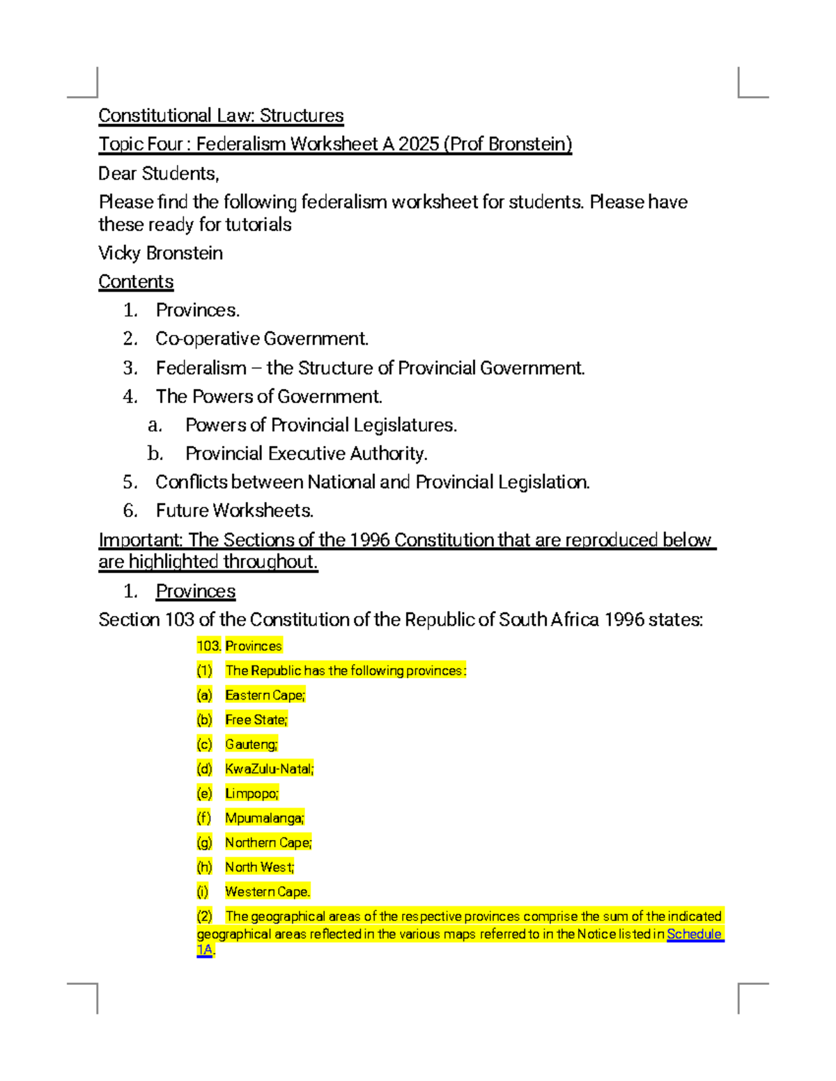 Federalism Worksheet A 2025 (Constitutional Law - Prof Bronstein) - Studocu