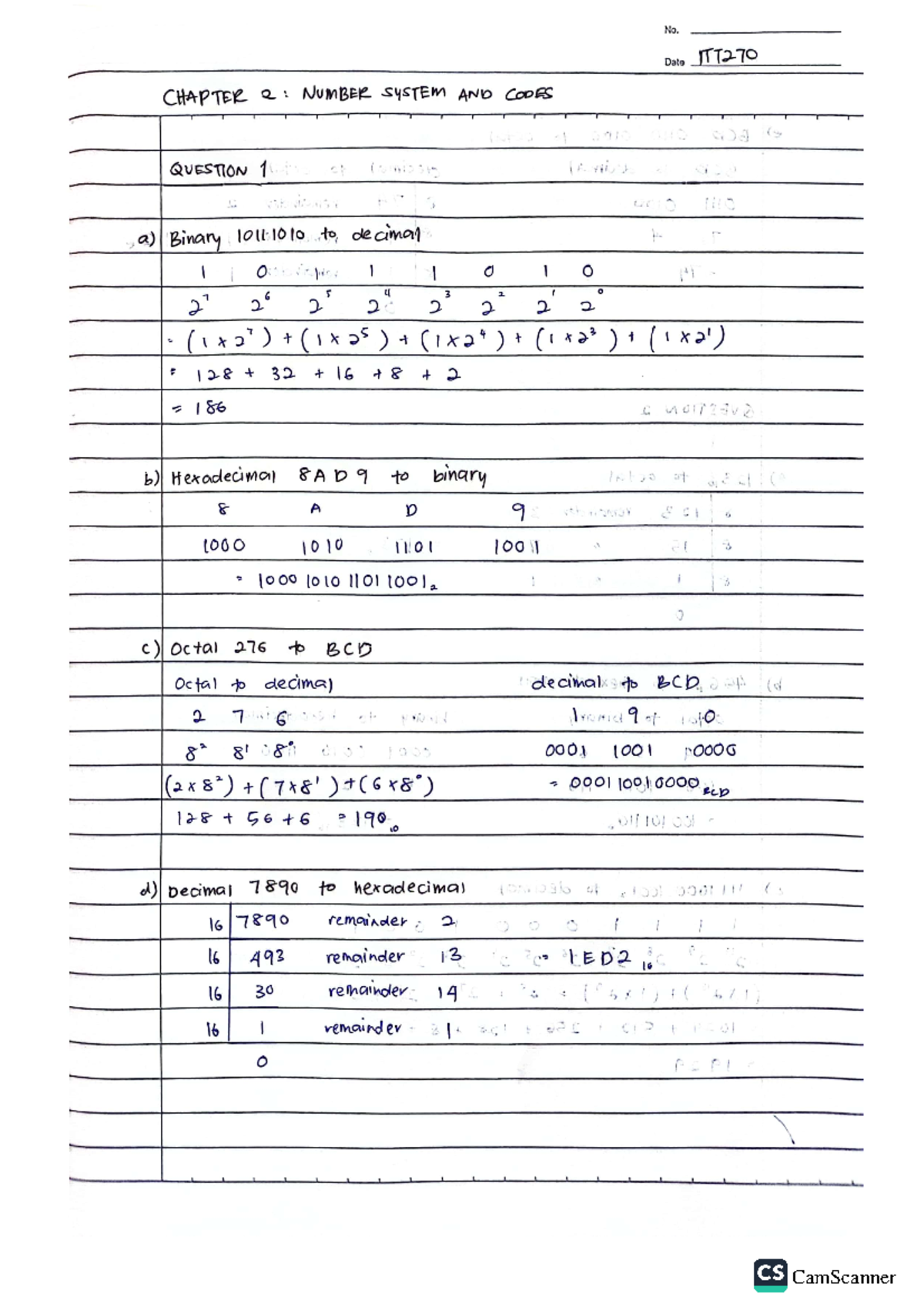 2022624784 ch2 - No. Date ITT270 CHAPTER 2: NUMBER SYSTEM AND CODES QUESTION 1 a) Binary 1011 ...