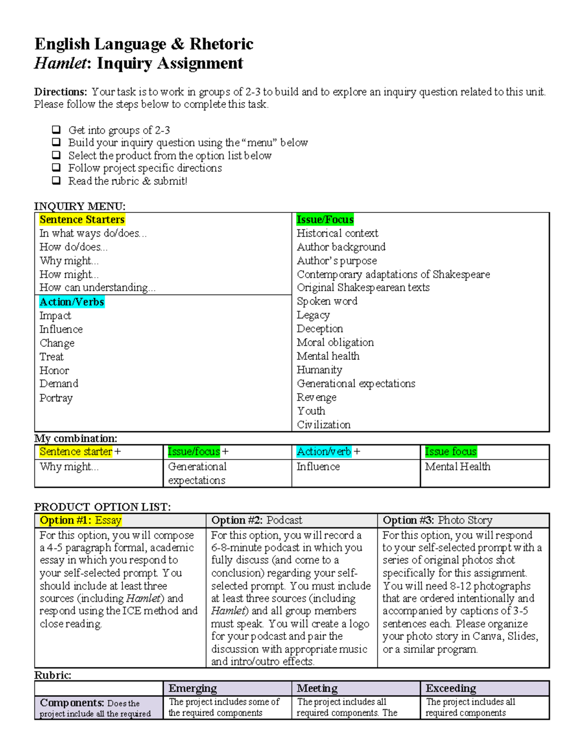 ENG 2770214: Hamlet Inquiry Assignment Directions and Options - Studocu