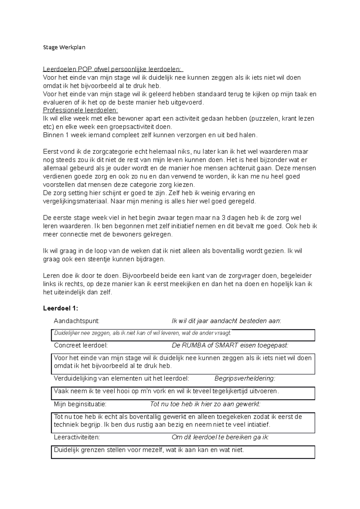 Stage Werkplan: Persoonlijke en Professionele Leerdoelen & Reflecties ...