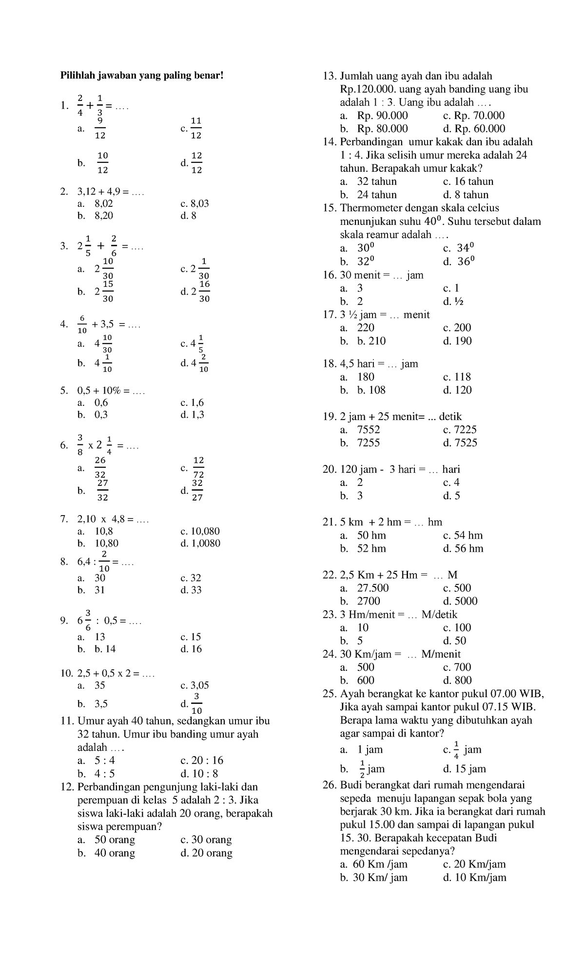 Soal Matematik: Pilihan Ganda & Latihan (Kelas 5) - Studocu