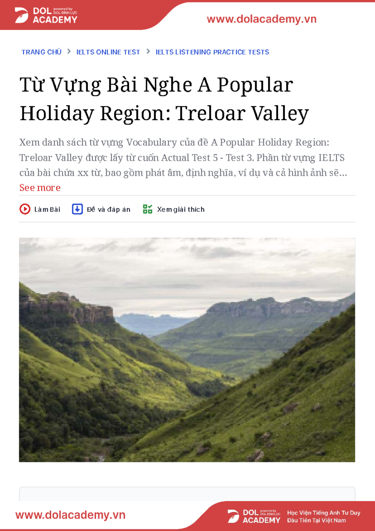 IELTS Listening Practice: A Popular Holiday Region - Treloar Valley ...