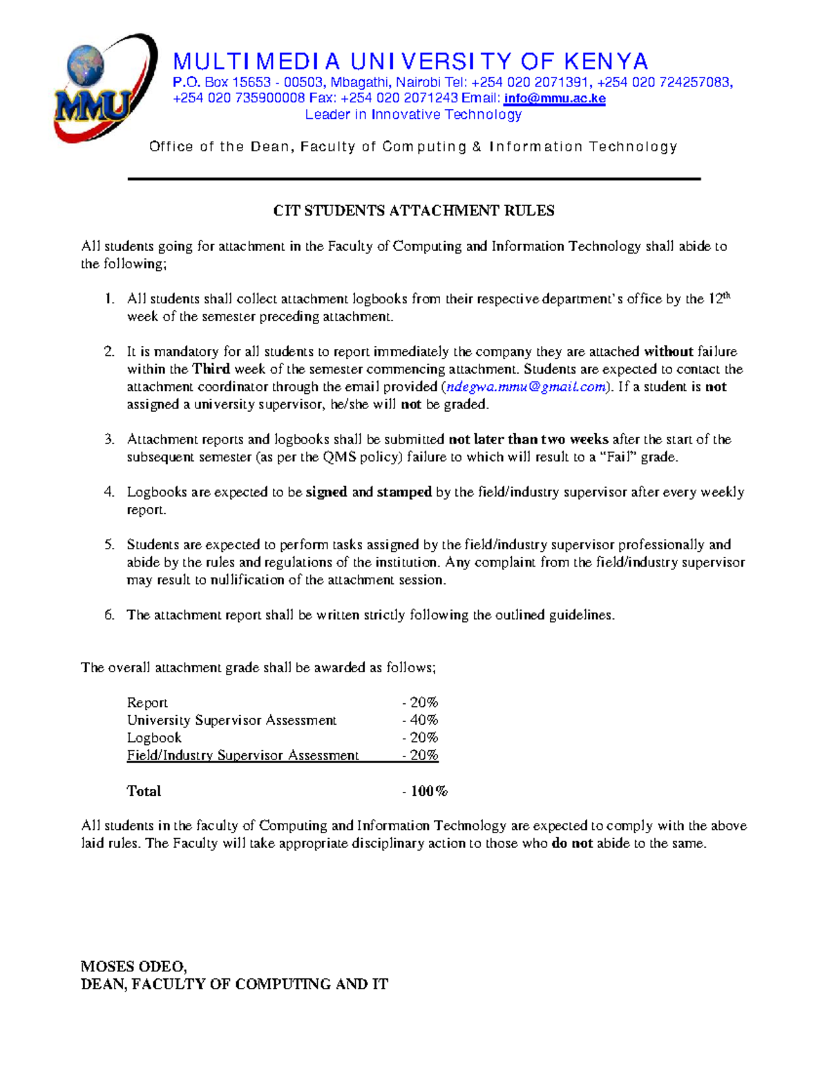 CIT Student Attachment Guidelines and Regulations - Studocu