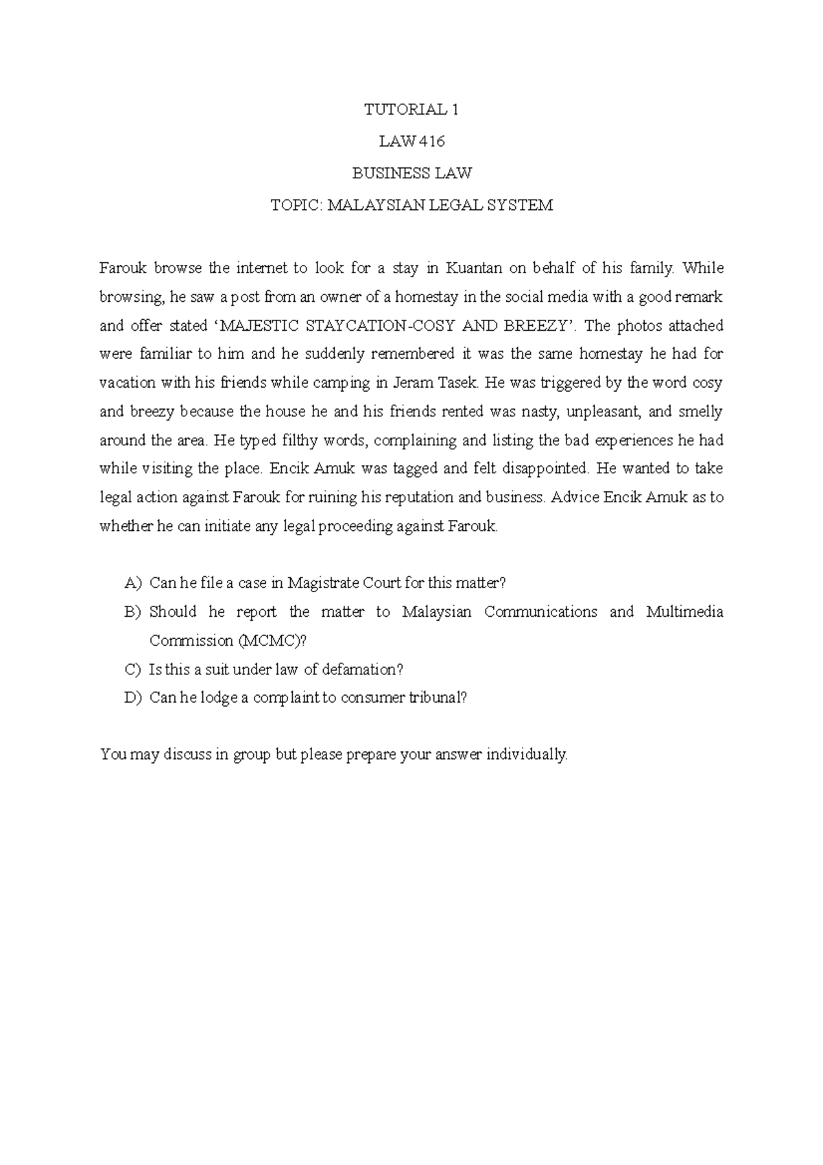 Tutorial 1 MLS - Business law question - TUTORIAL 1 LAW 416 BUSINESS ...