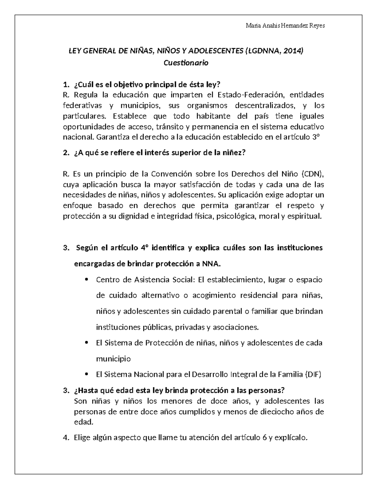 Cuestionario sobre la LEY GENERAL DE NIÑAS, NIÑOS Y ADOLESCENTES ...