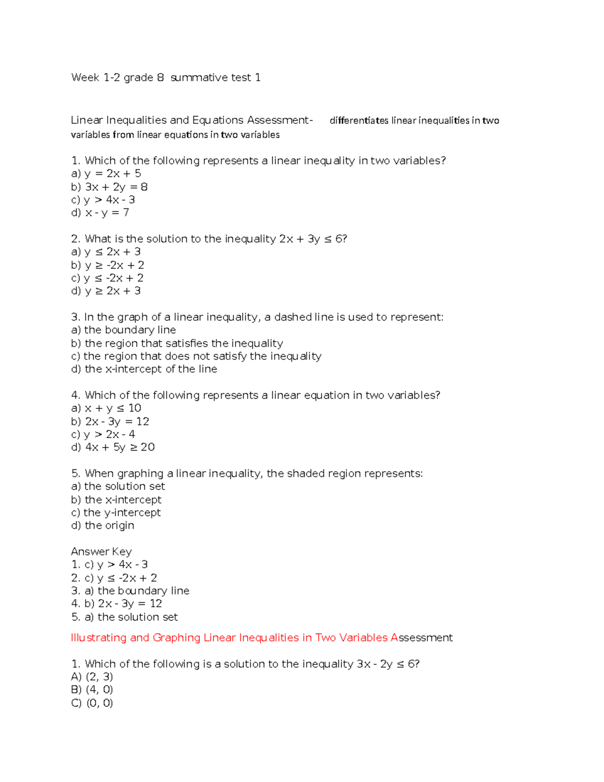 Math 8 - Summative Test 1: Linear Inequalities & Equations - Studocu