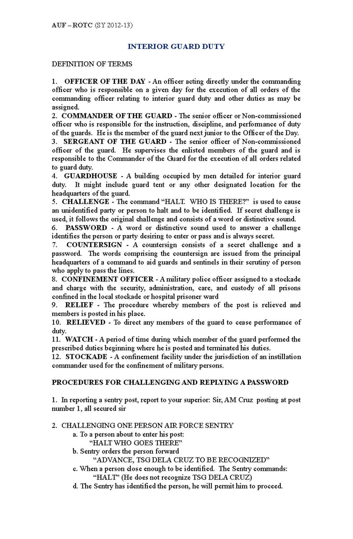 4 Interior Guard DUTY - AUF – ROTC (SY 2012-13) INTERIOR GUARD DUTY ...