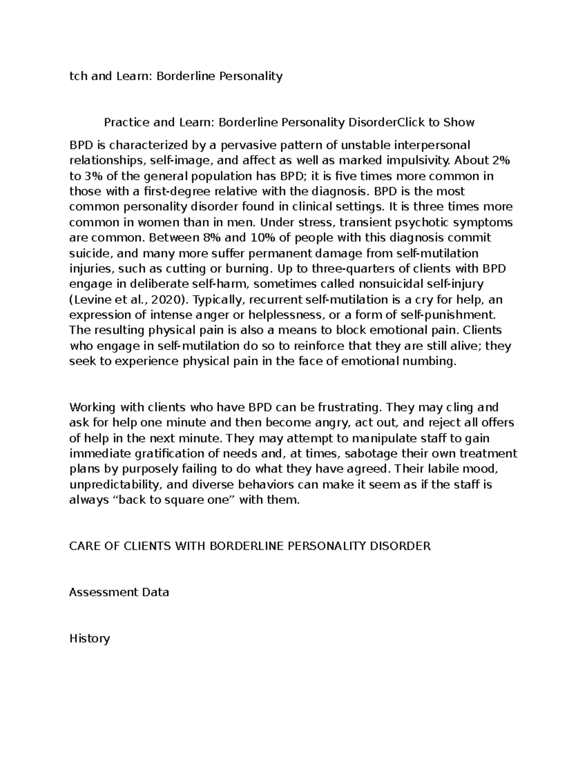 Clinical Overview of Borderline Personality Disorder (BPD) - Studocu