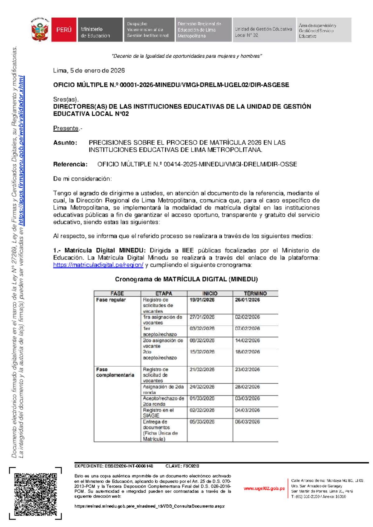 Oficio Múltiple N.º 00001-2026: Proceso de Matrícula Digital en Lima ...