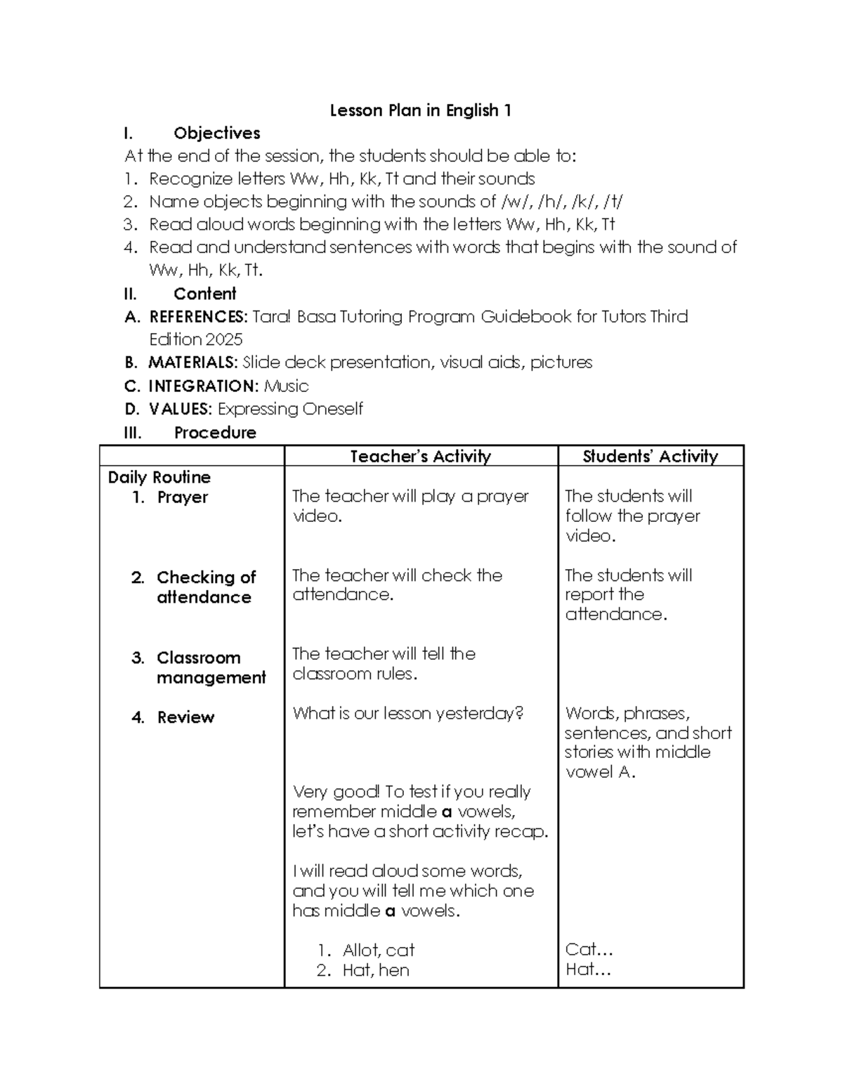 Lesson Plan: English 1 - Focus on Letters Ww, Hh, Kk, Tt - Studocu
