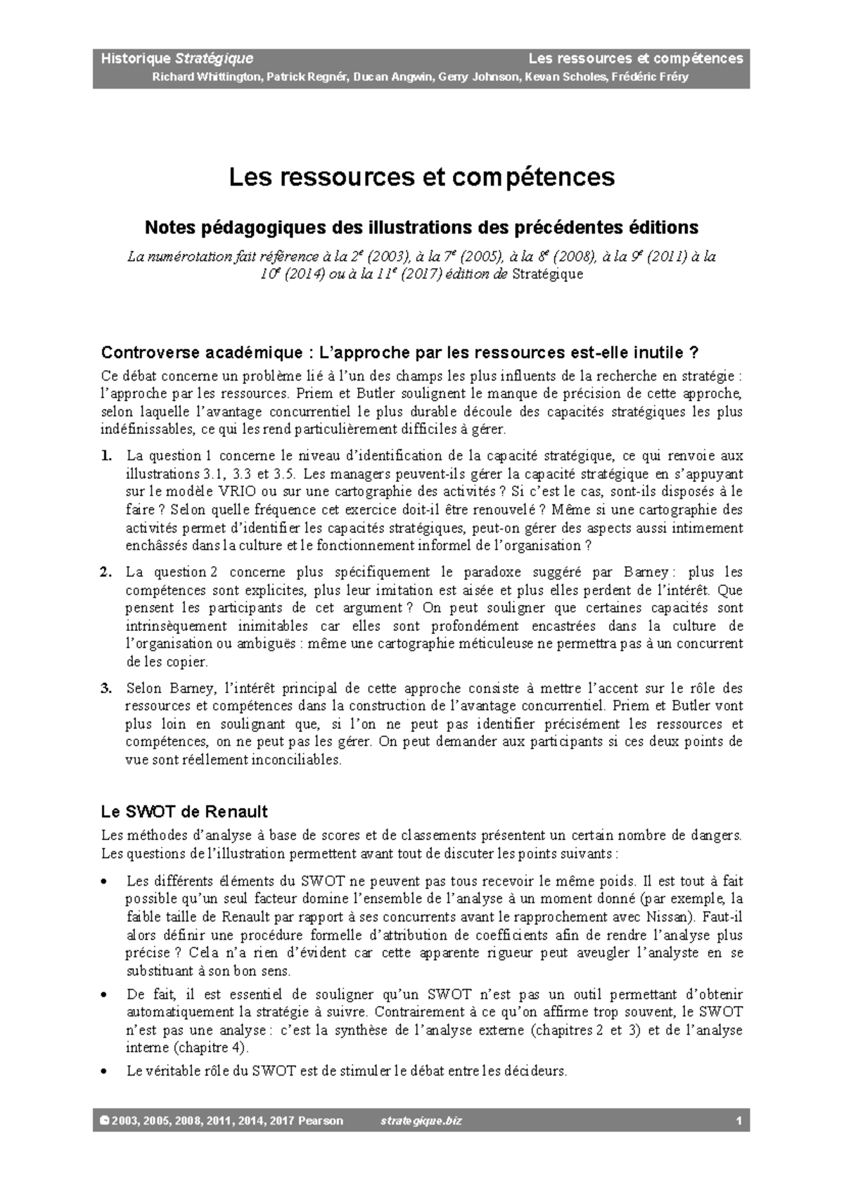 Historique Stratégique : Ressources et Compétences - Notes Pédagogiques ...
