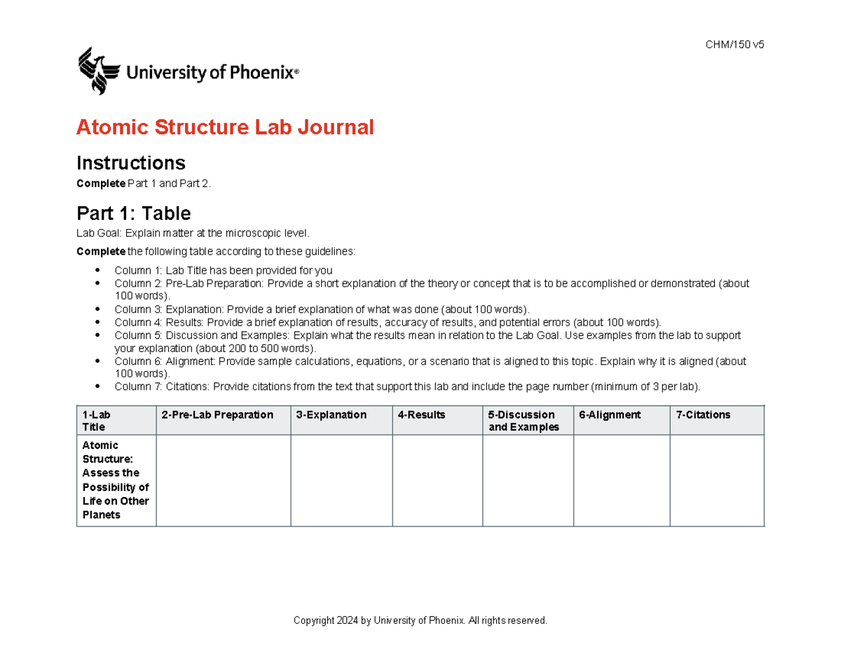 Chm150 v5 Week 2 Atomic Structure Lab Journal Instructions - Studocu