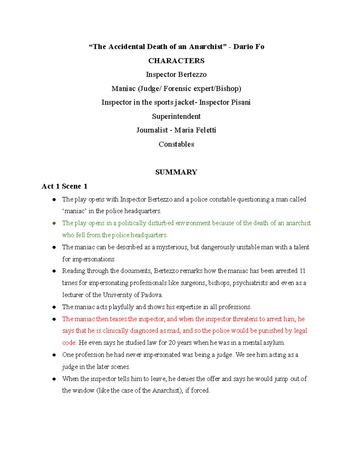 Accidental Death of an Anarchist: Summary & Analysis (ENG 101) - Studocu