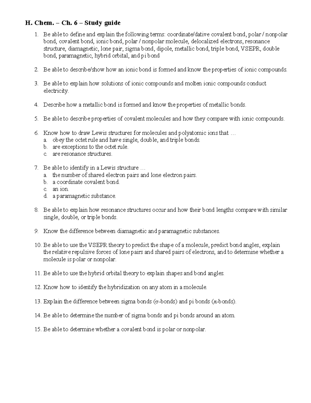 H. Chem. Ch. 6 Study Guide: Bonds, Structures, and Properties - Studocu