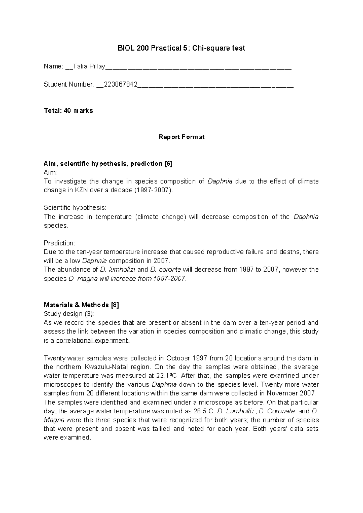 Biol200 Practical 5: Chi-Square Analysis of Daphnia Species Changes - Studocu