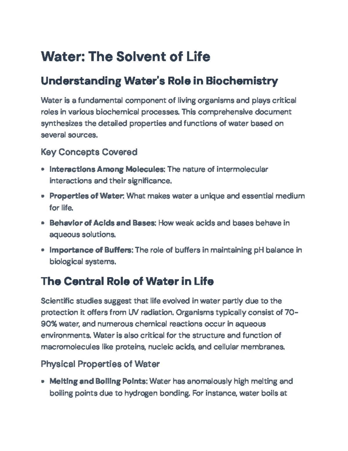 Water's Role in Biochemistry: Properties, Interactions, and Functions ...