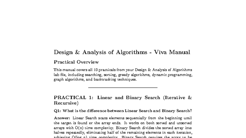 DAA Practical Overview: Design Analysis of Algorithms Viva Guide - Studocu