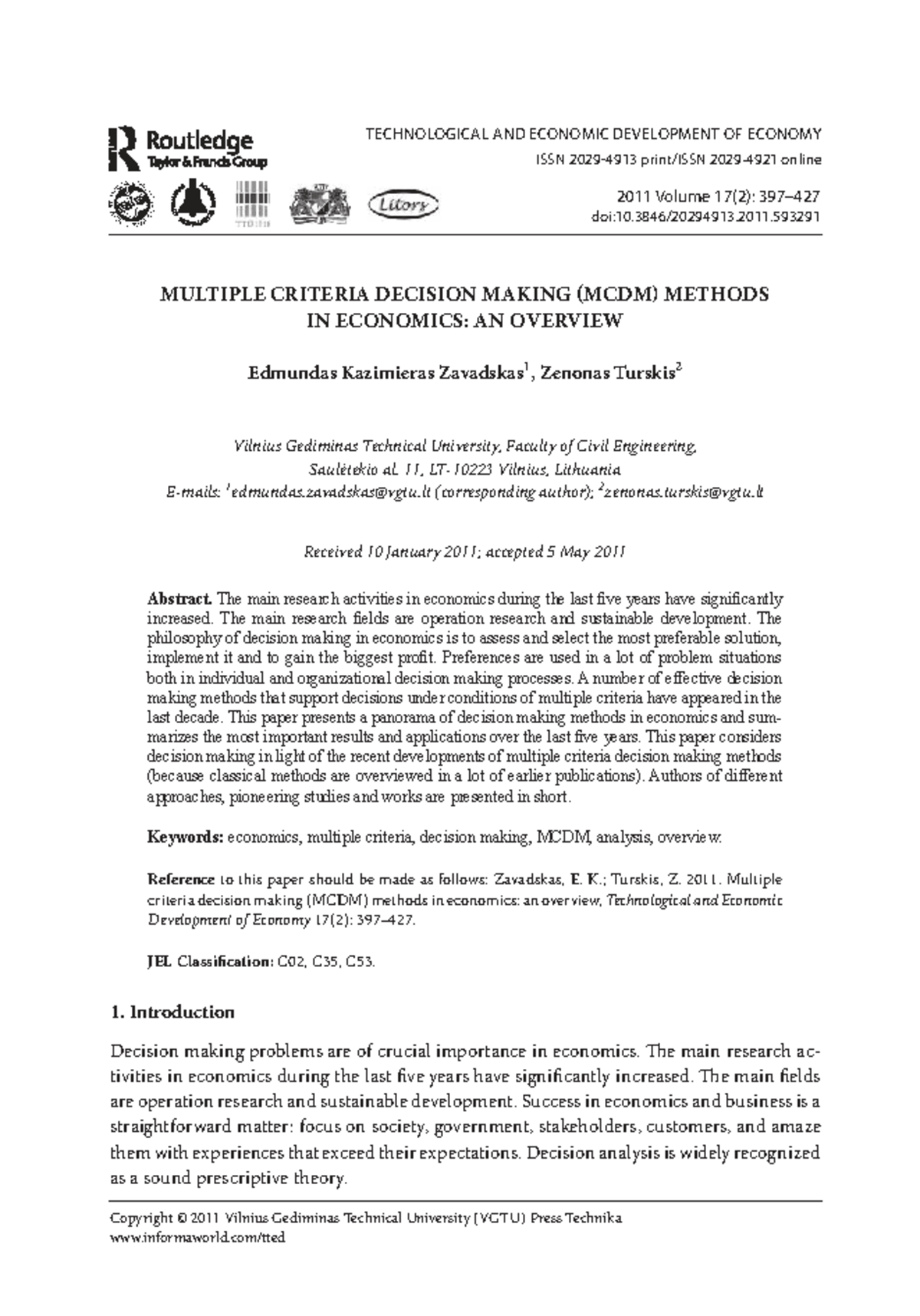 MCDM Methods in Economics: An Overview of Recent Developments - Studocu
