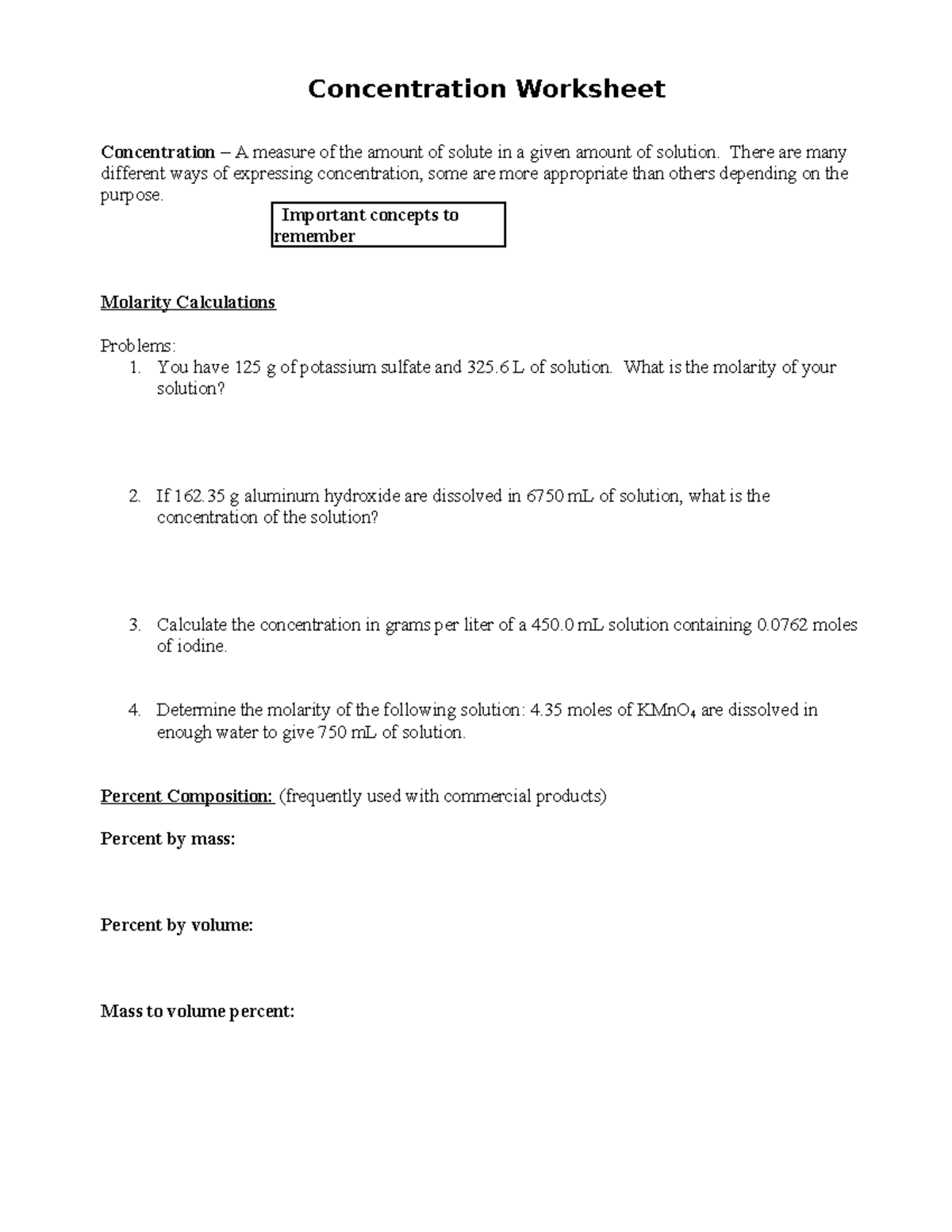 Chem121 Concentration Worksheet & Molarity Problems - Studocu
