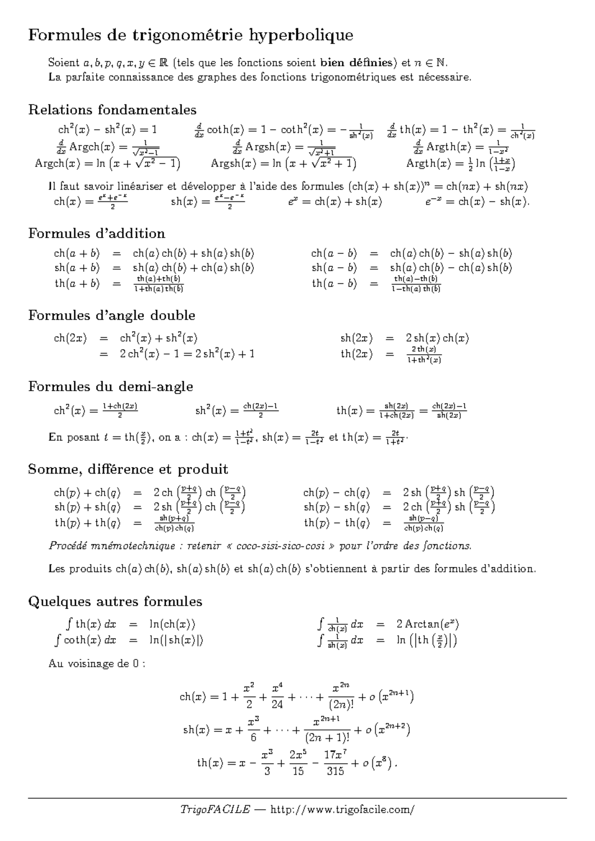 Essentiel-hyperbolique Analyse 2 L1 S2 - Formules de trigonométrie ...