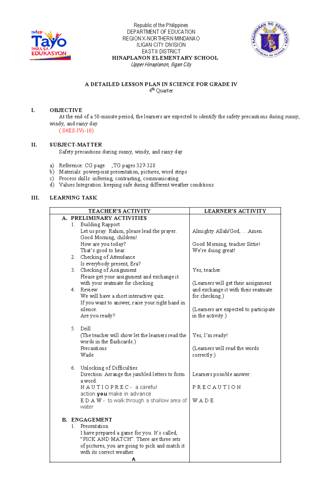 Detailed Lesson Plan in Science for Grade IV (4th Quarter) - Studocu