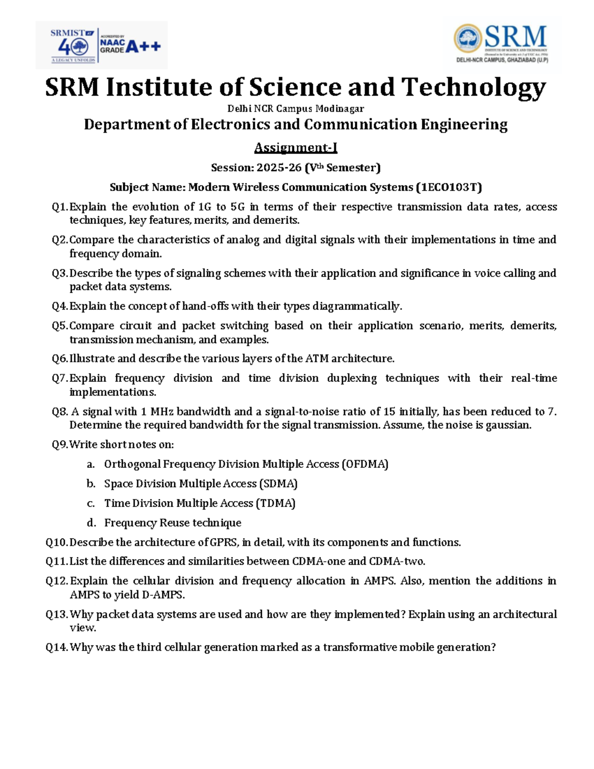 Modern Wireless Communication Systems (1ECO103T) Assignment Notes - Studocu
