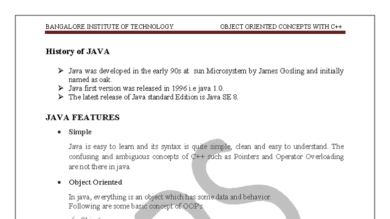 BANGALORE INSTITUTE OF TECHNOLOGY OOP Concepts & Java Overview - Studocu