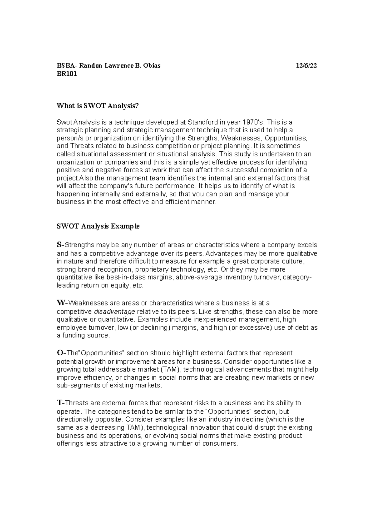SWOT Analysis Study Notes for BSBA-Randon B. Obias - Studocu