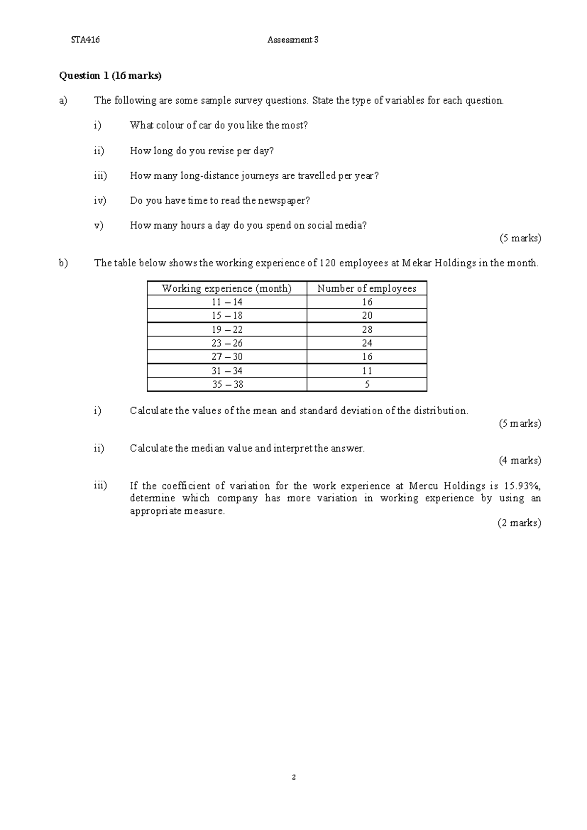 STA416 Assessment 3 Sample Questions and Analysis - Studocu