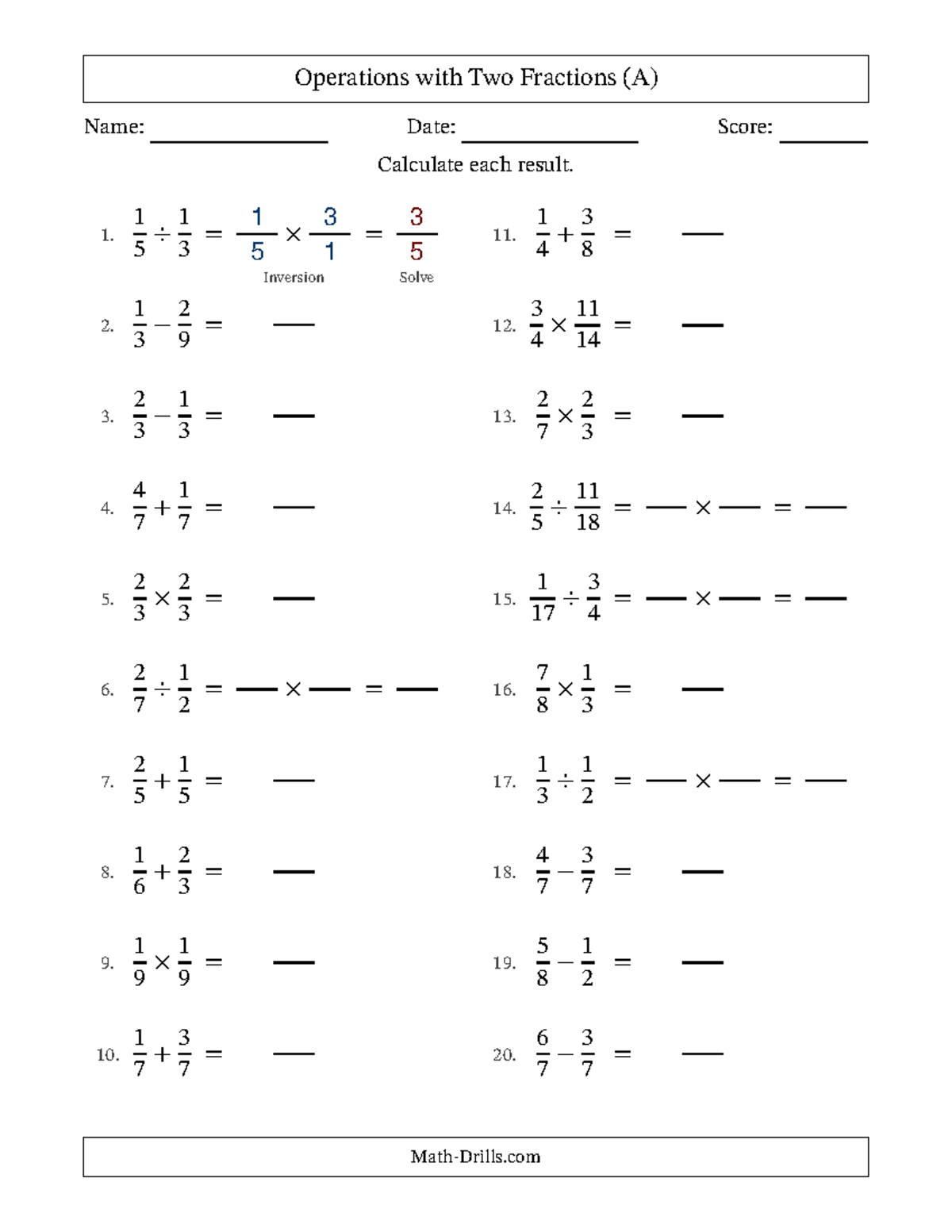 practice for later - Operations with Two Fractions (A) Name: Date ...