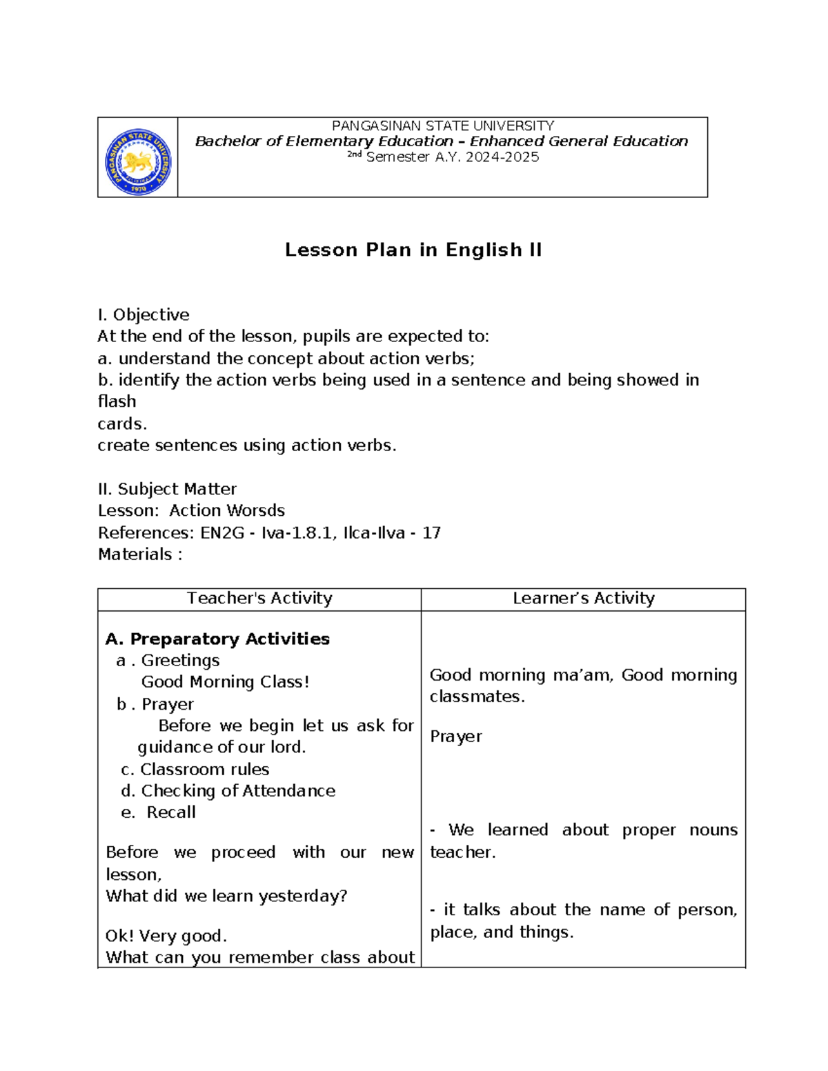 Lesson Plan on Action Verbs - English II - BEED 4A - Studocu