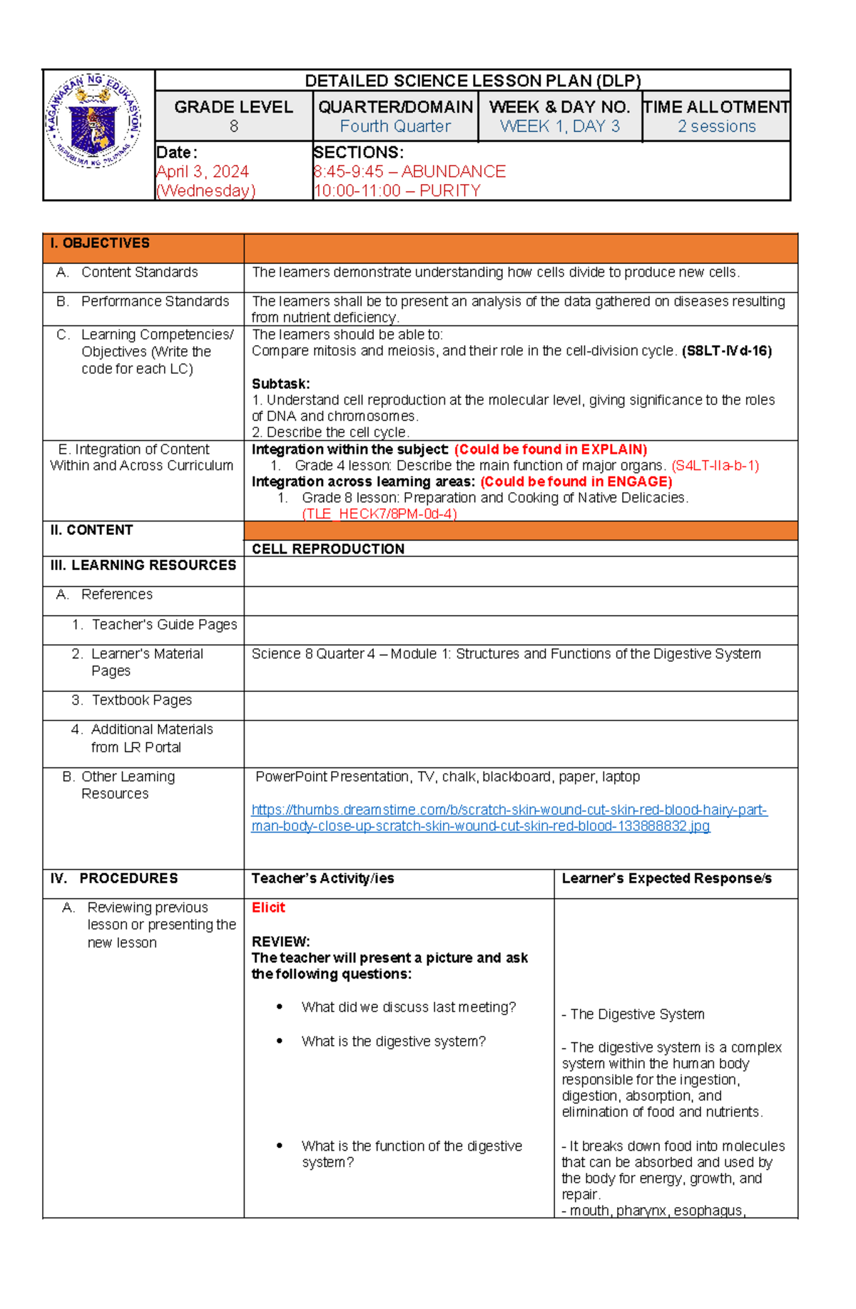 DLP: Science 8 Lesson on CELL Reproduction and Digestive System - Studocu