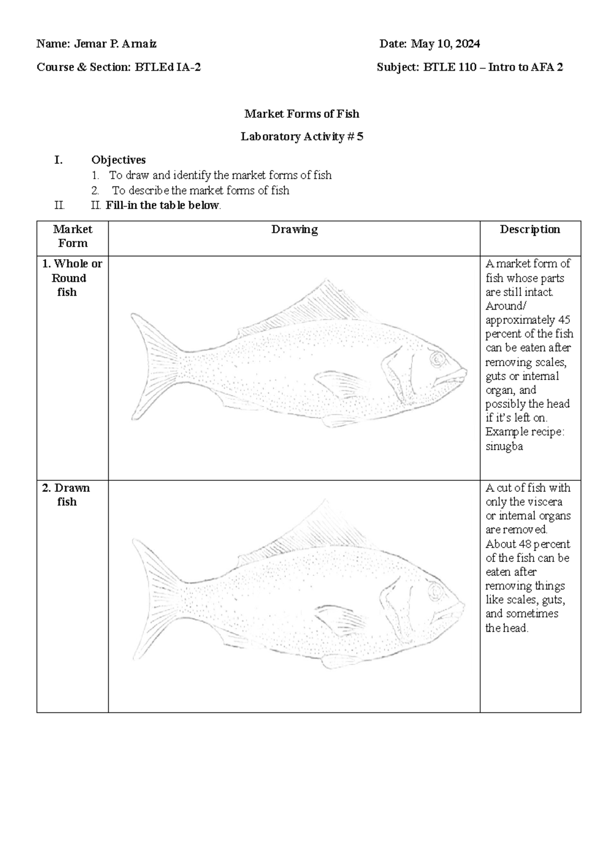 BTLE 110 Lab Activity 5: Market Forms of Fish Analysis - Studocu